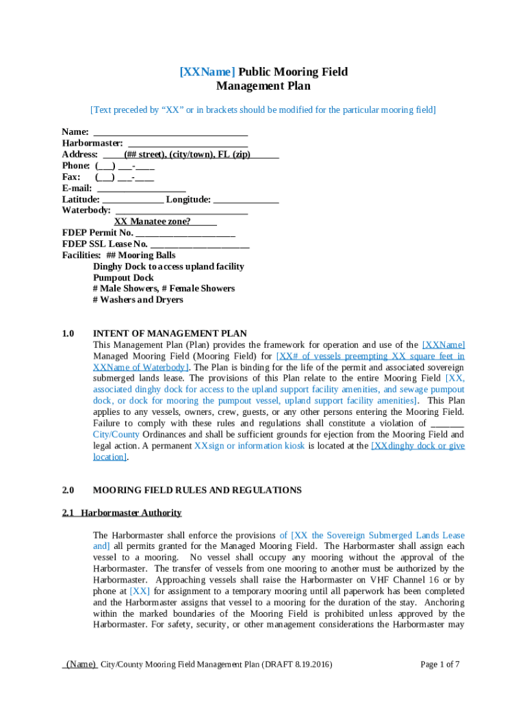 XXName Public Mooring Field Management Plan Doc Template | pdfFiller