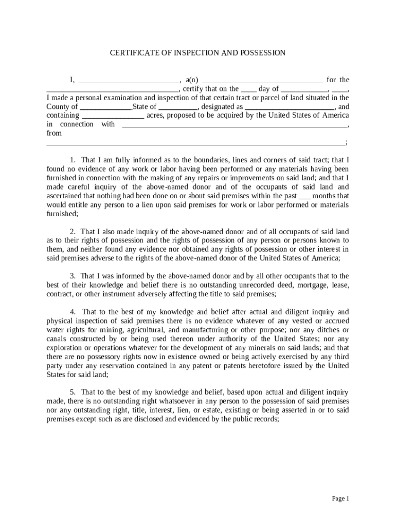 Certificate of Inspection and Possession. inspection certificate Doc ...