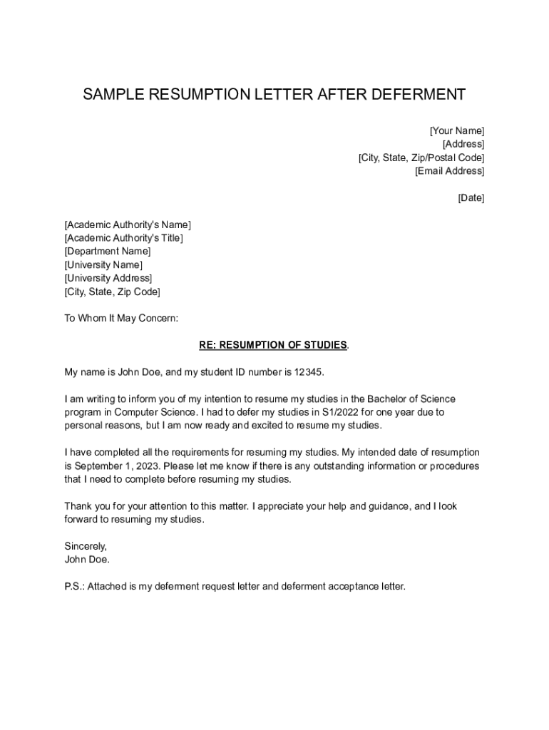 Fillable Online SAMPLE RESUMPTION LETTER AFTER DEFERMENT Fax Email ...