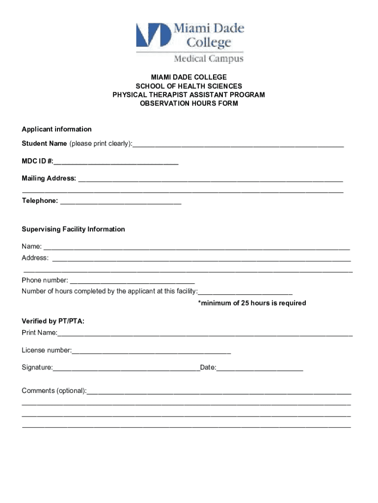 Fillable Online School of Health Sciences - Physical Therapist Assistant Program - Observation ...