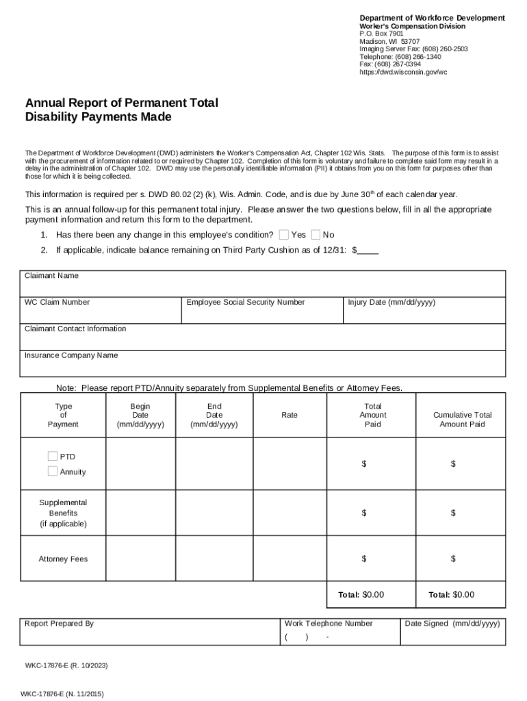 Annual Report of Permanent Total Disability Payments Made - dwd wisconsin Doc Template | pdfFiller