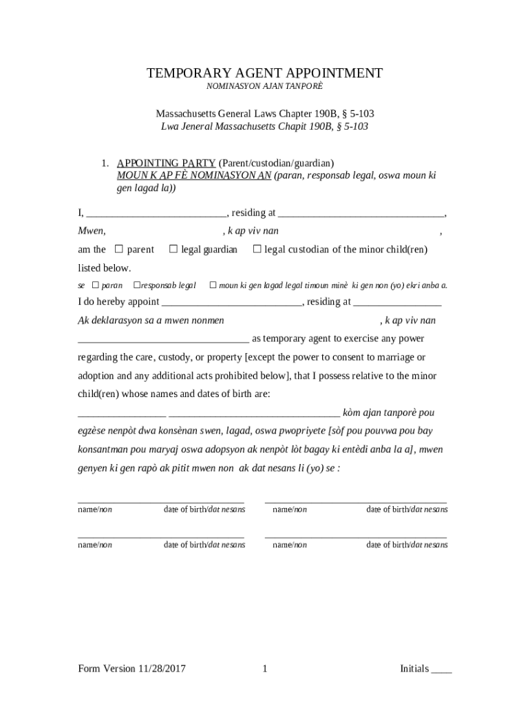 Massachusetts Temporary Agent Authorization Doc Template | pdfFiller