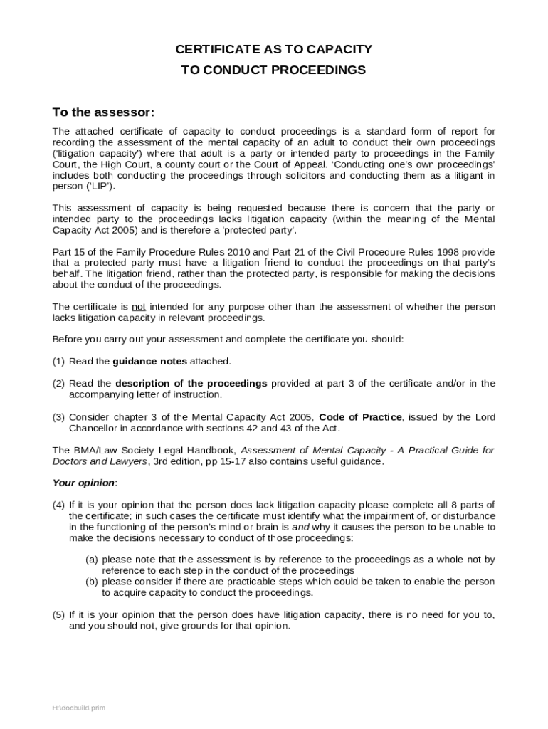 Revised certificate as to capacity to conduct proceedings ... Doc Template | pdfFiller