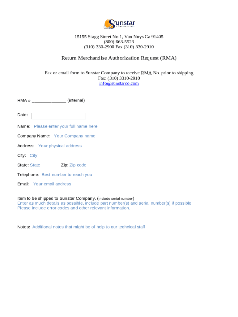 REQUEST FOR RETURN MATERIAL AUTHORIZATION Doc Template | pdfFiller