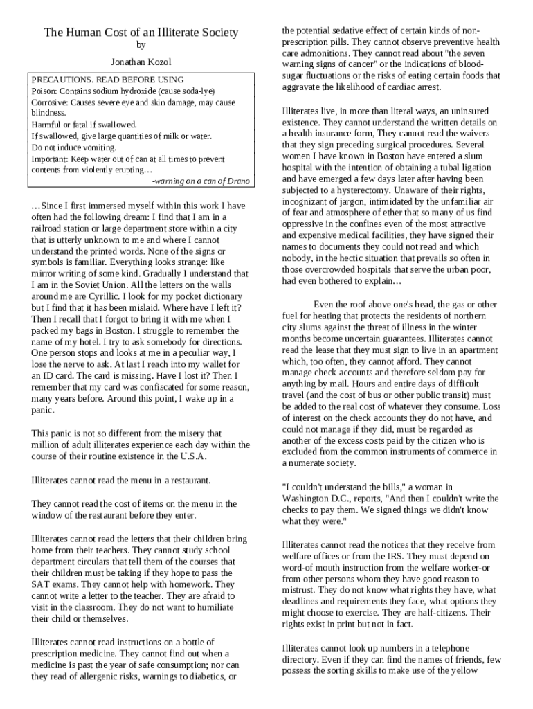 The Human Cost Of An Illiterate Society By Jonathan Kozol Doc Template ...