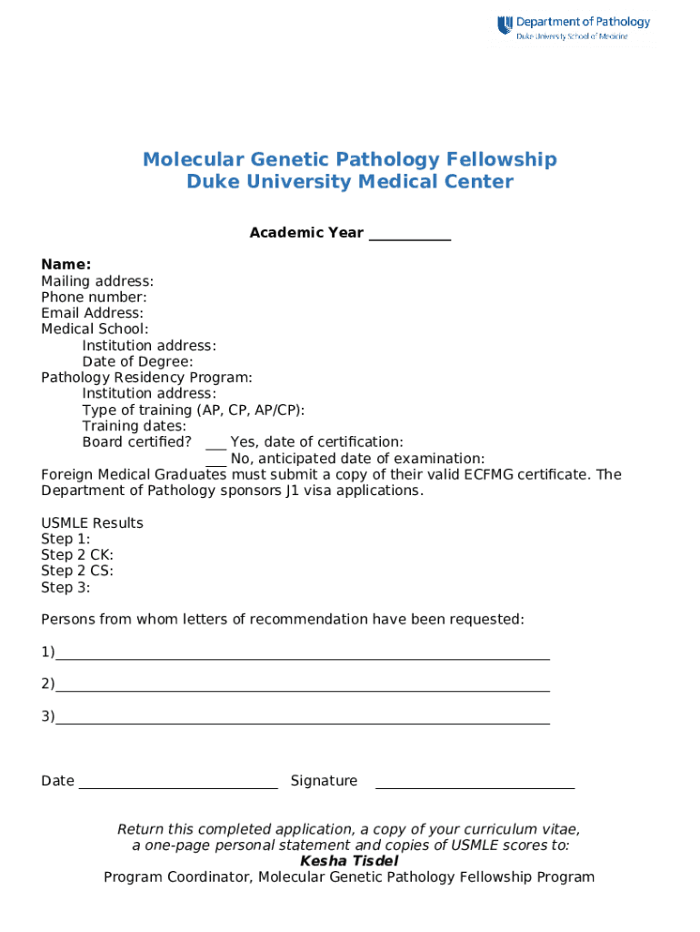 RESIDENCY APPLICATION - Duke Department of Pathology Doc Template | pdfFiller