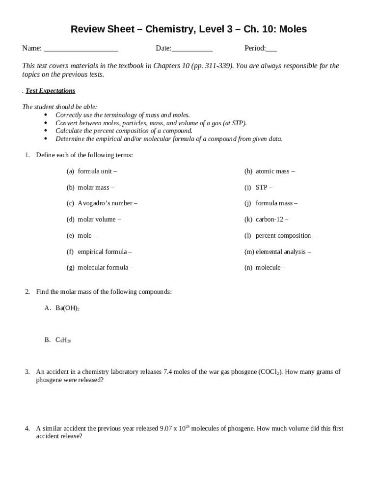 Review SheetChemistry, Level 3Ch. 10: Moles Doc Template | pdfFiller