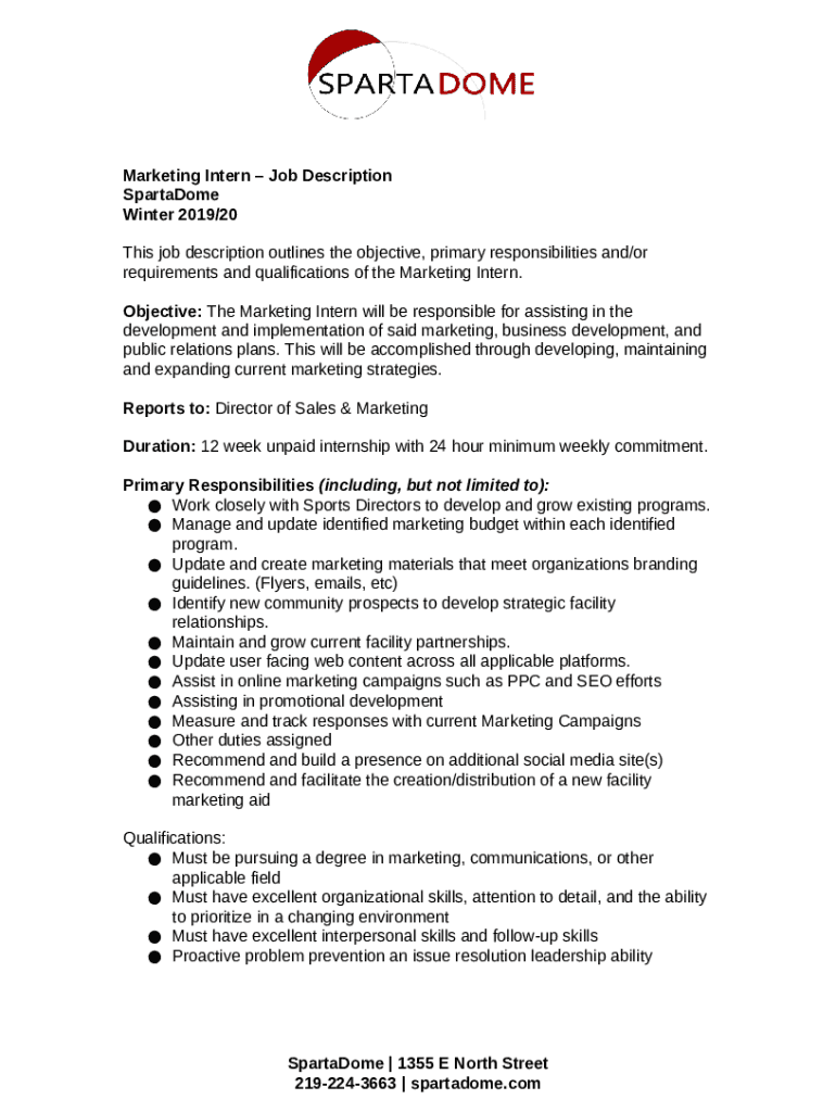 Marketing Intern Job Description Sample Template Doc Template | pdfFiller