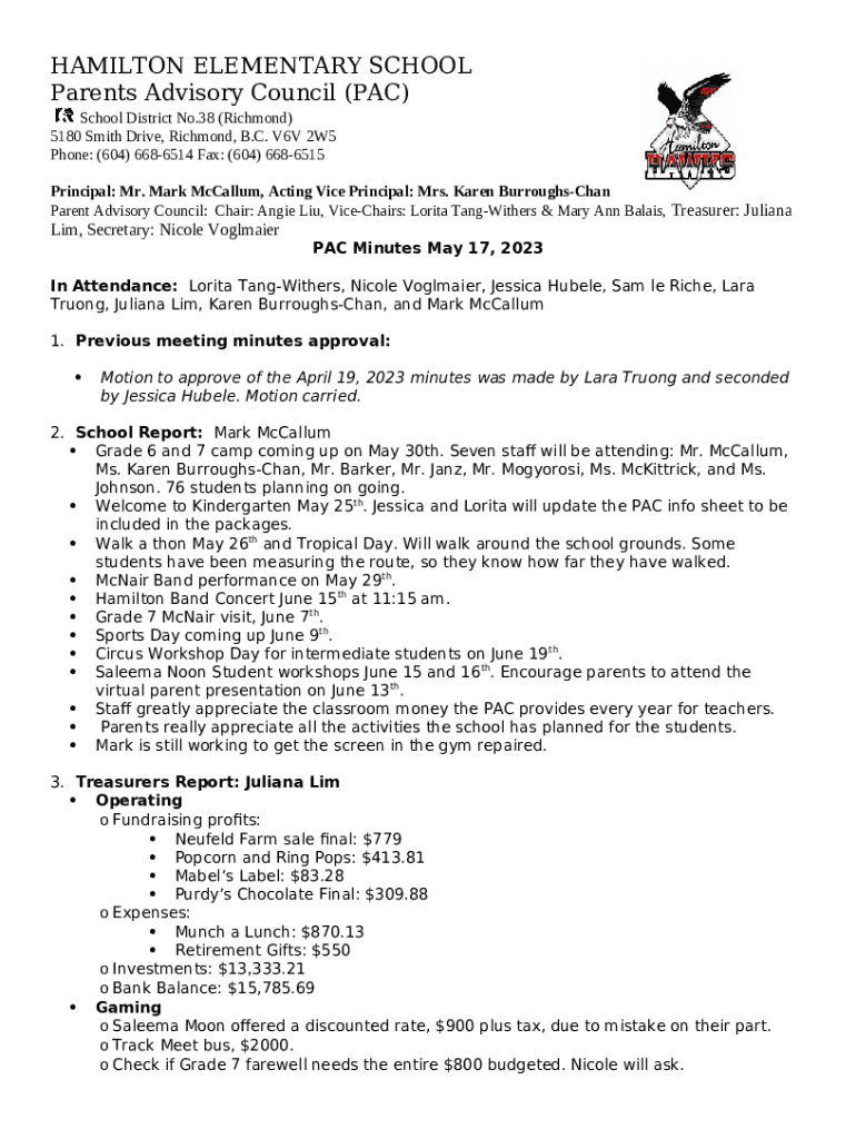 hamilton elementary pac Doc Template | pdfFiller