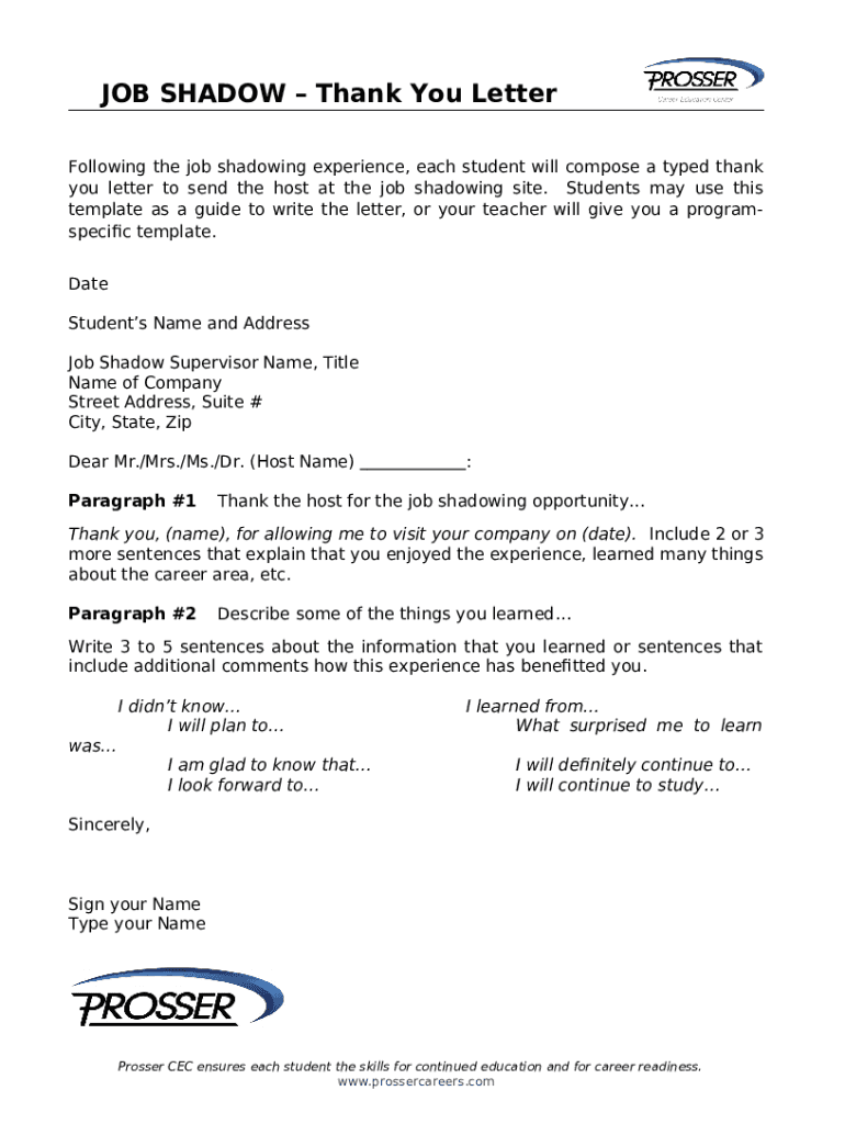 JOB SHADOW THANK YOU LETTER GUIDE & SAMPLE ... - prosser nafcs k12 in ...