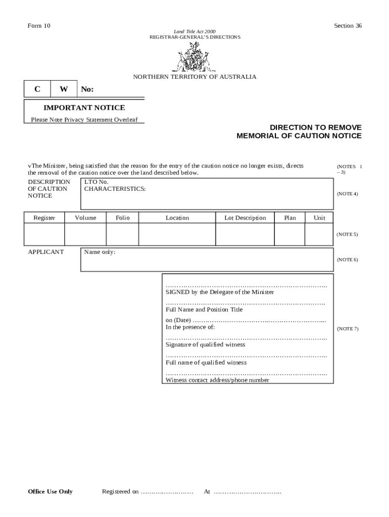 no. 10 - Direction to remove memorial of caution notice. Application to ...