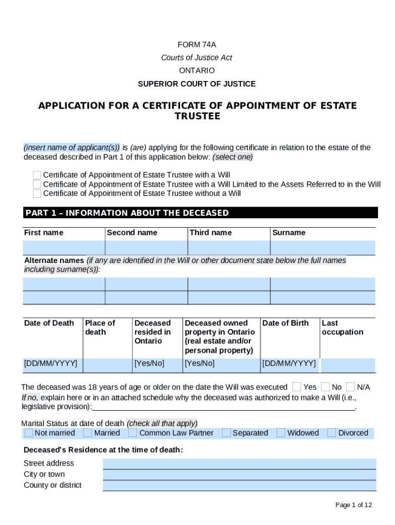 application for a certificate of appointment of estate trustee ...