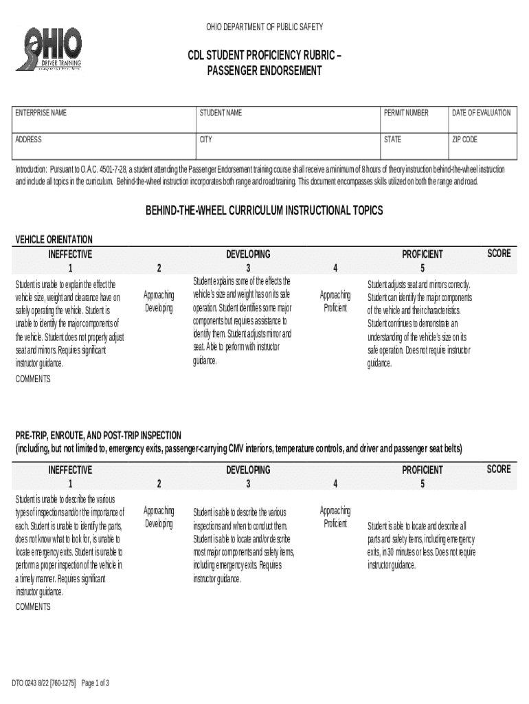 CDL STUDENT PROFICIENCY RUBRIC - - publicsafety ohio Doc Template ...