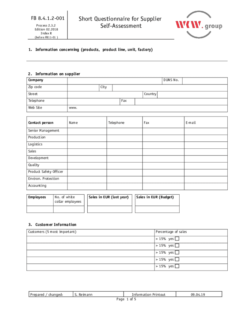 Fillable Online Short Questionnaire for Supplier Self-Assessment Fax Email Print - pdfFiller