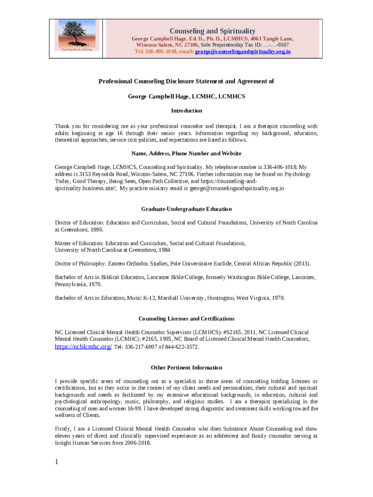 Professional Counseling Disclosure Statement and Agreement of Doc ...