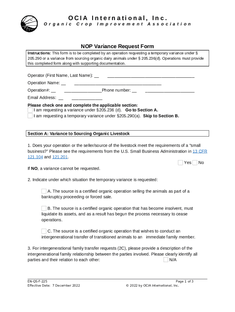 NOP Variance Request Doc Template | pdfFiller