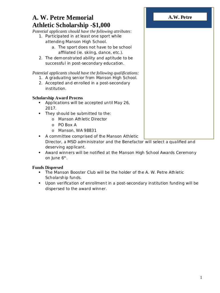 AW Petre Memorial Athletic Scholarship Application Doc Template | pdfFiller