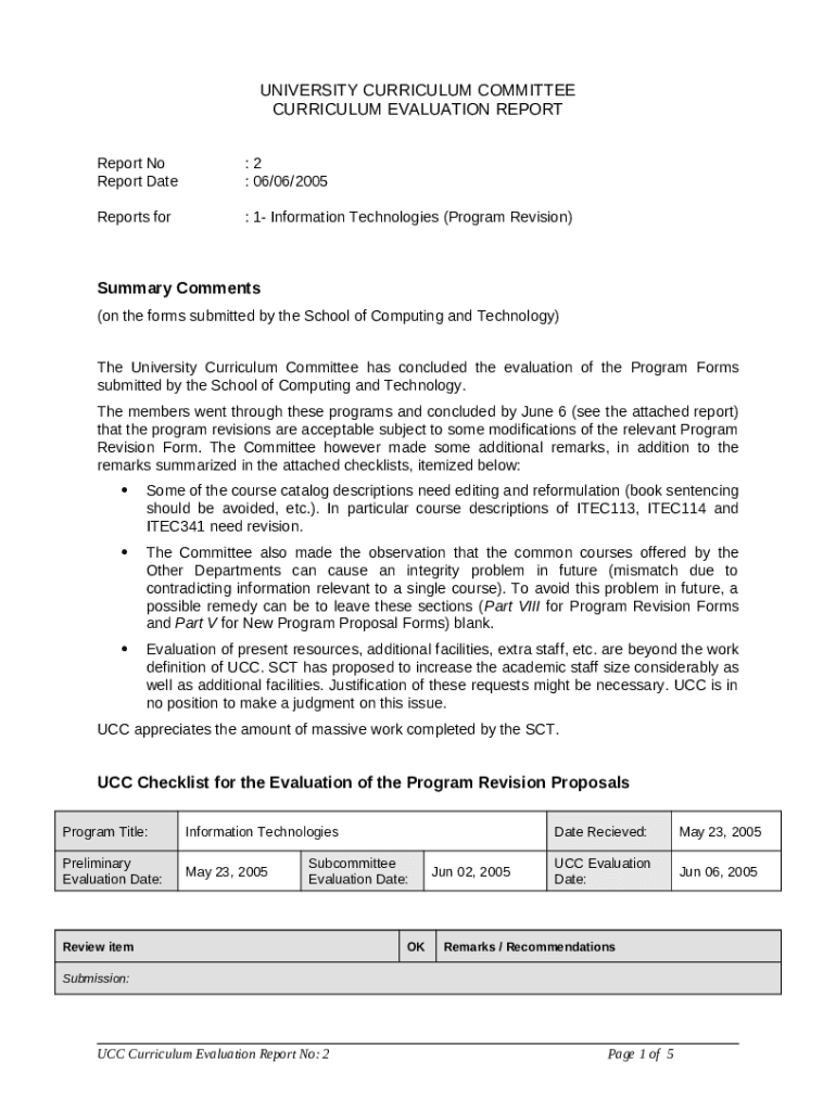 Summary Comments on UCC Evaluation of Program Revision and New Program Proposal s Submitted by ...