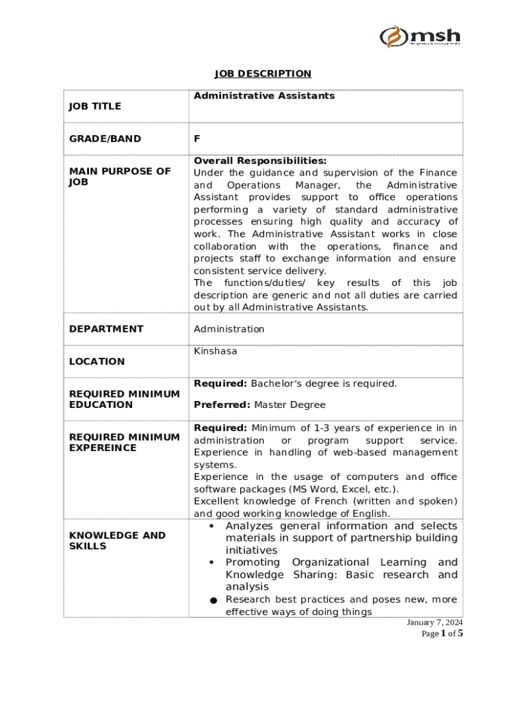 ADMINISTRATIVE ASSISTANT IV BASIC FUNCTION Doc Template | pdfFiller