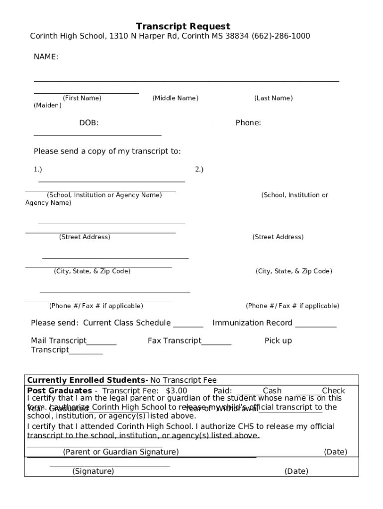 Corinth High School Transcript Request - images pcmac Doc Template | pdfFiller