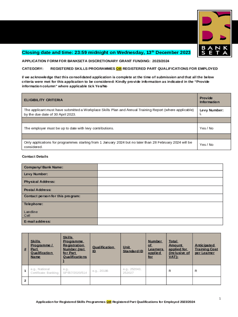 Application for BANKSETA Sector Grant Doc Template | pdfFiller