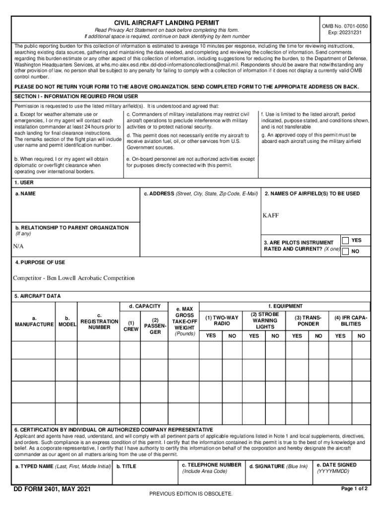 Fillable Online DD Form 2402, Civil Aircraft Hold Harmless Agreement ...