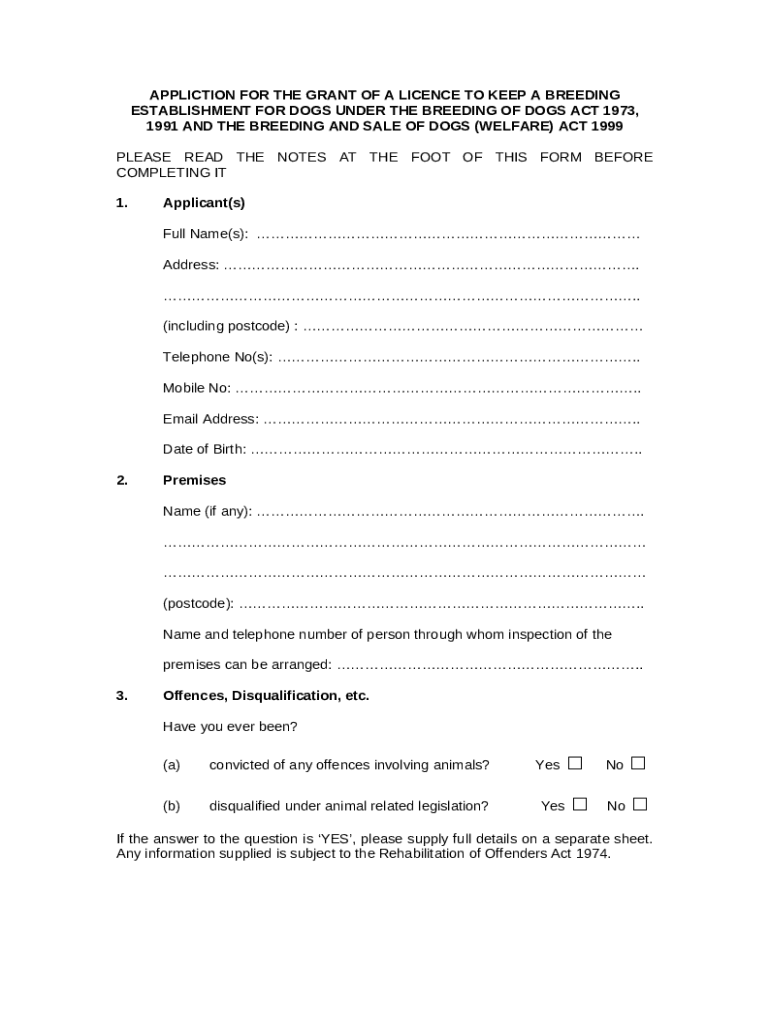 Application for a licence to keep a breeding establishment ... Doc Template | pdfFiller