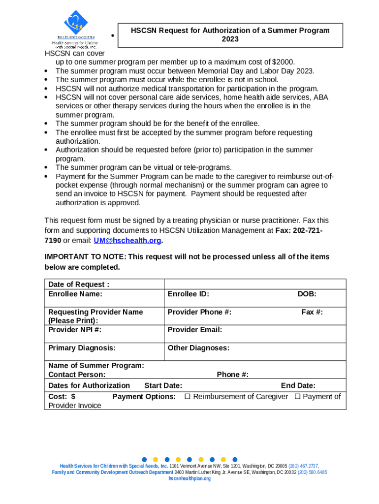 HSCSN Request for Authorization of a Summer Program ... Doc Template ...