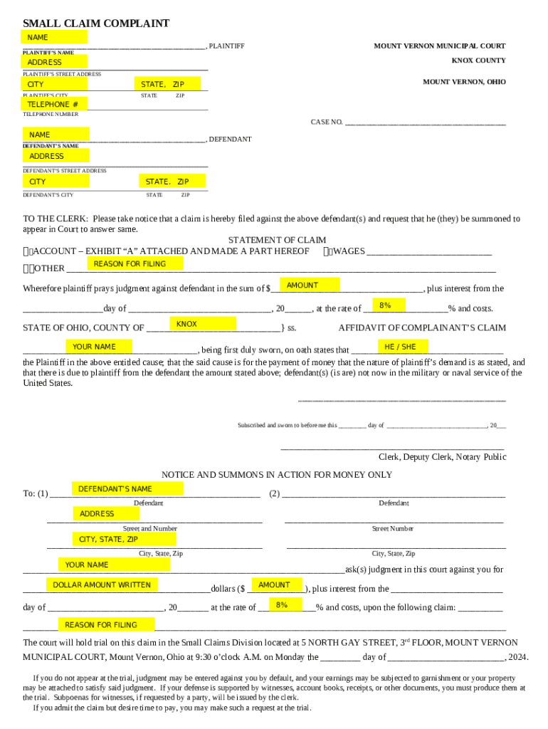 Start a Small Claims Lawsuit - Franklin County Municipal Court Doc ...