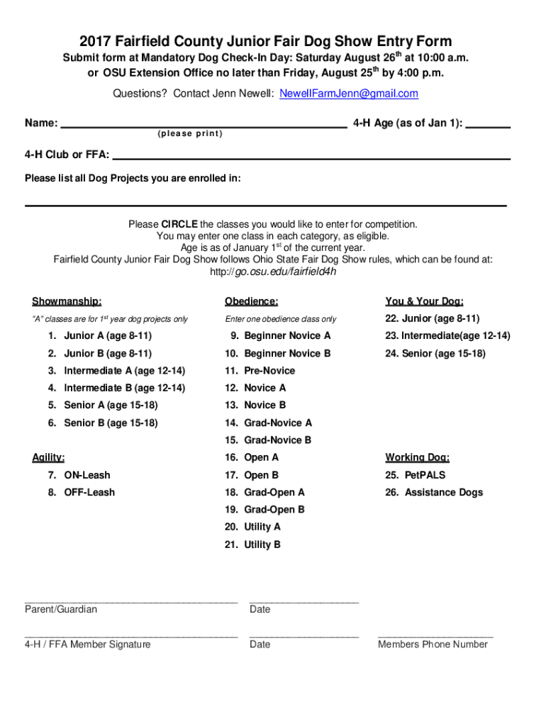 Fillable Online fairfield osu 2017 Fairfield County Junior Fair Dog ...