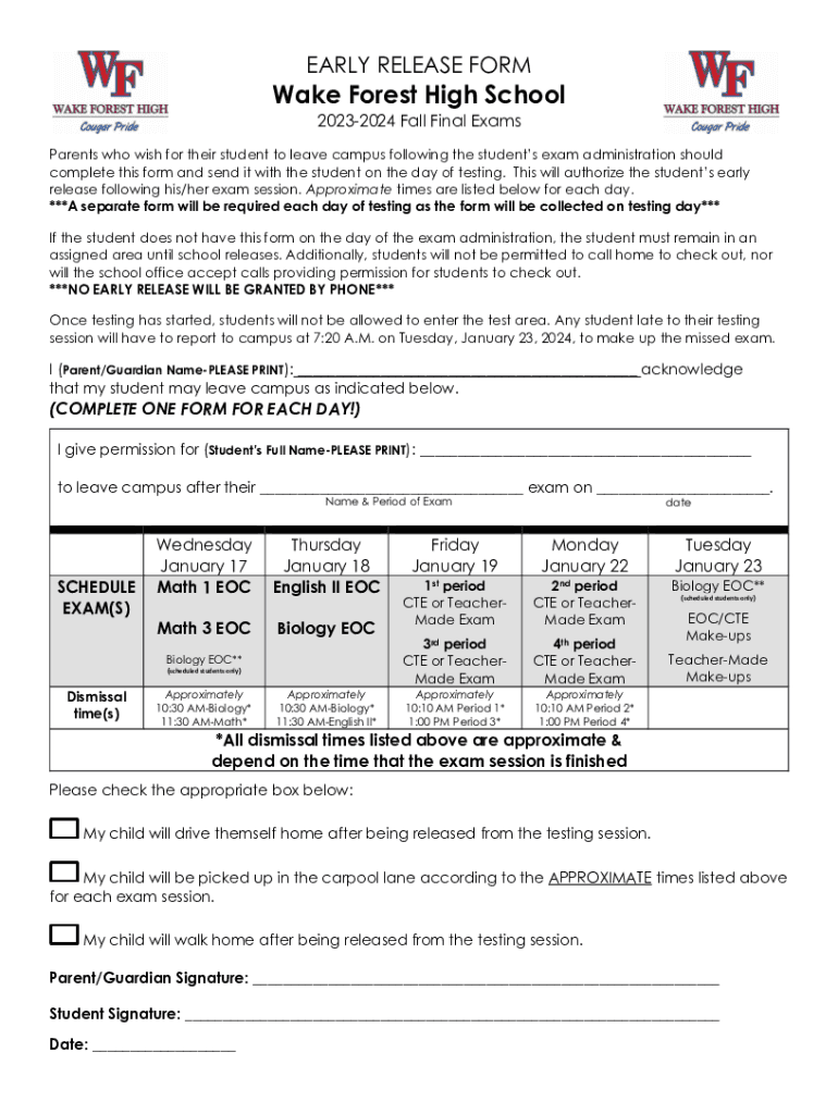 Fillable Online EARLY RELEASE FORM - Wake Forest High School Fax Email ...