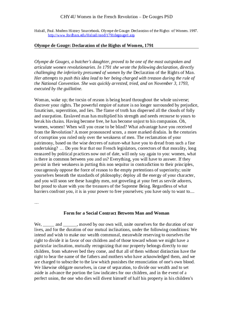 Olympe de Gouge: Declaration of the Rights of Women (1791) Doc Template ...