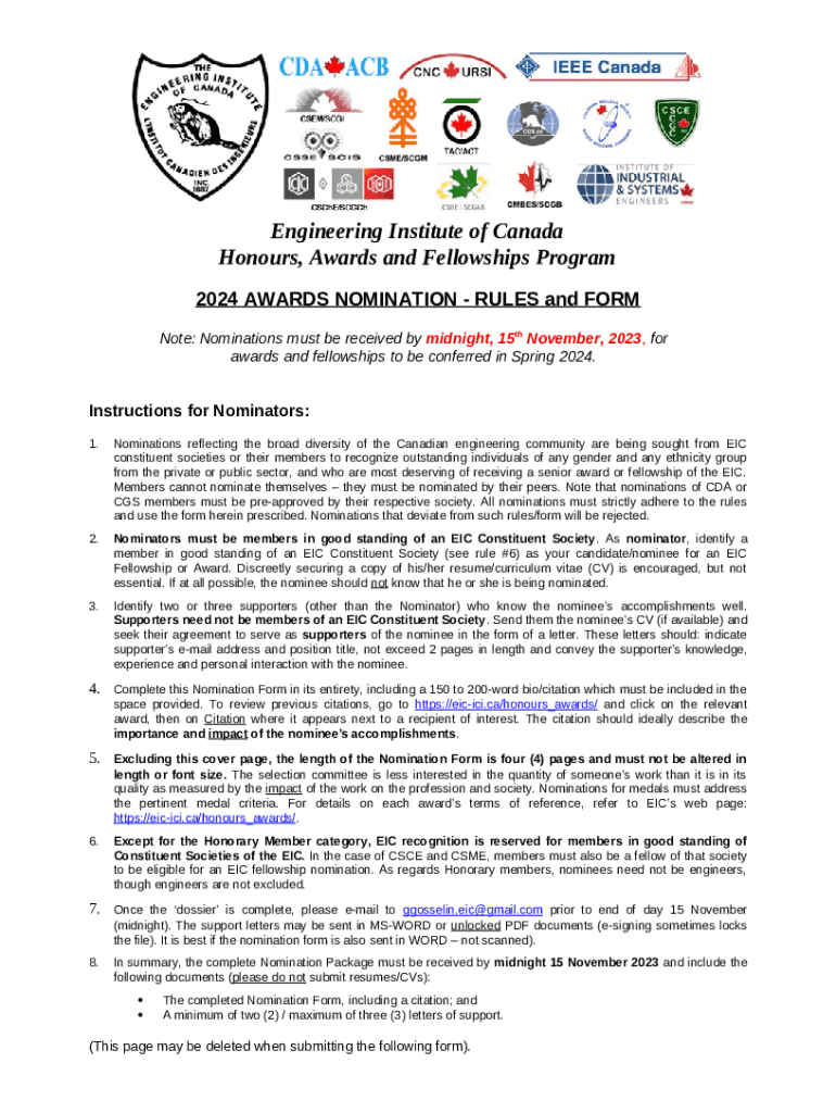 Engineering Institute of Canada Medals and Fellows Doc Template | pdfFiller