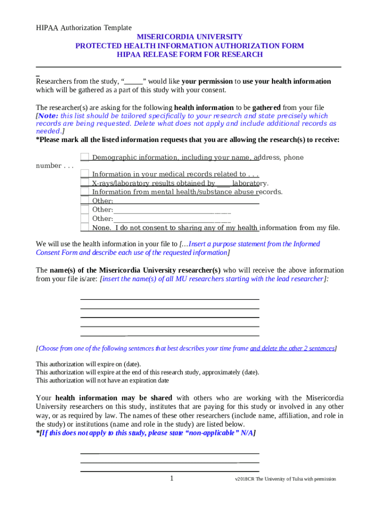 HIPAA RELEASE FOR RESEARCH Doc Template | pdfFiller