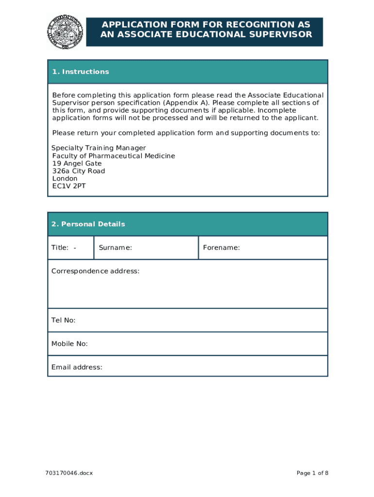 Associate Educational Supervisor application Doc Template | pdfFiller