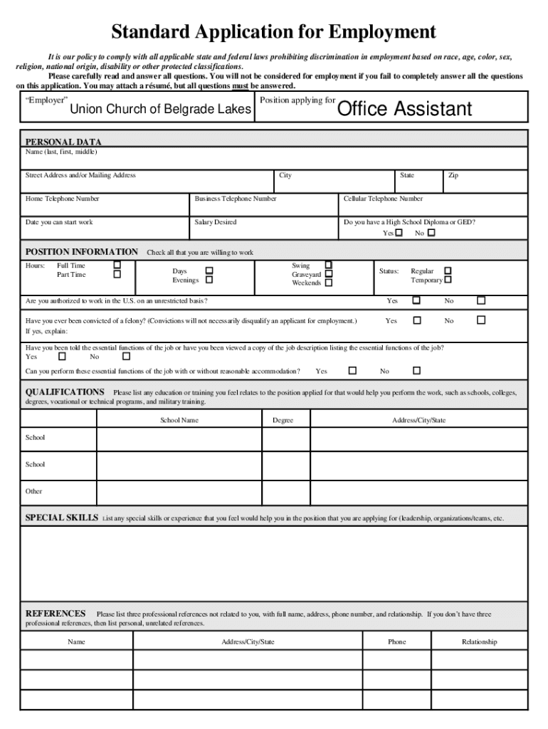 Fillable Online Standard Application for Employment Office Assistant ...