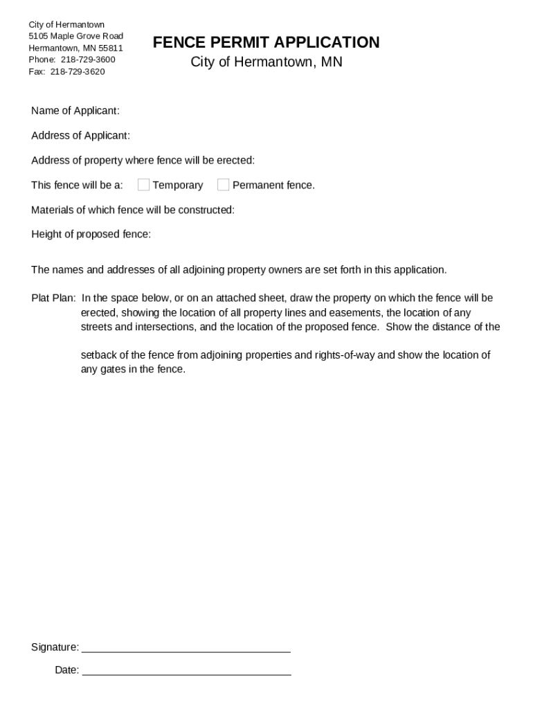 FENCE PERMIT APPLICATION ADMINISTRATIVE ZONING ... Doc Template | pdfFiller