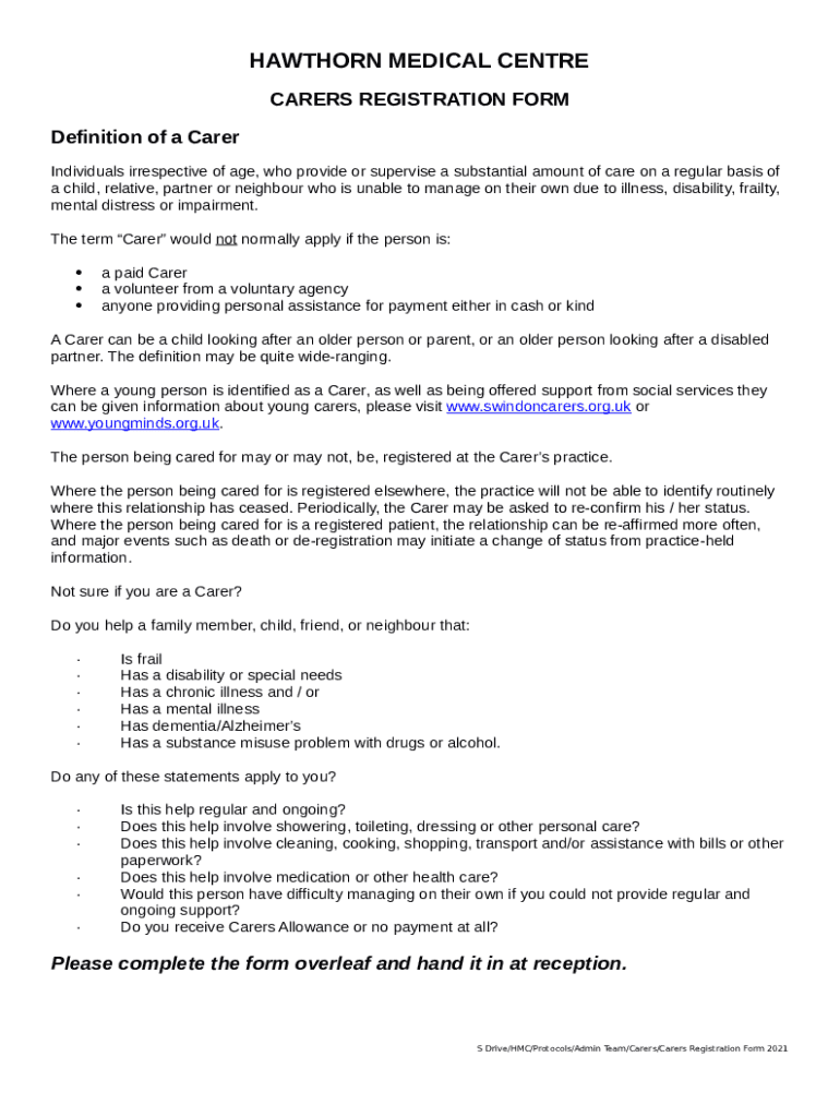 CARERS REGISTRATION Definition of a Carer Doc Template | pdfFiller