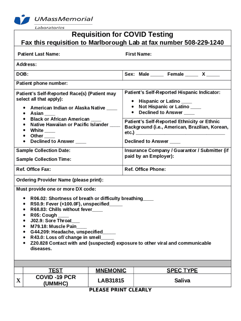 Requisition for COVID Testing Fax this ... Doc Template | pdfFiller