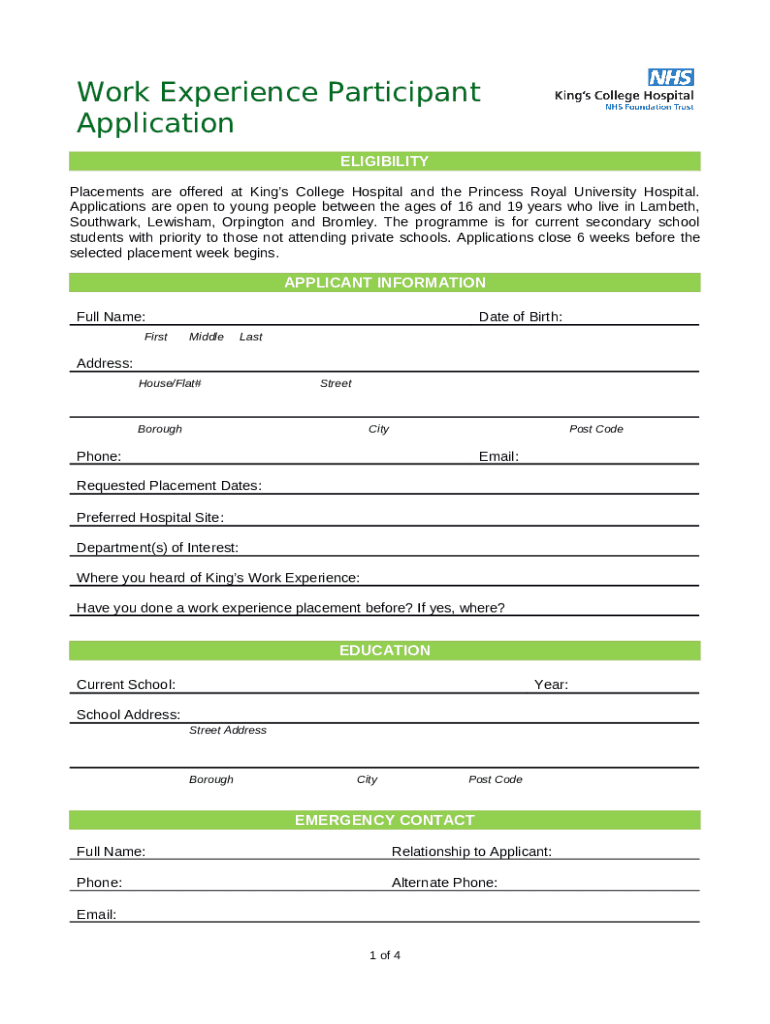 Work experienceKing's College Hospital NHS ... Doc Template | pdfFiller