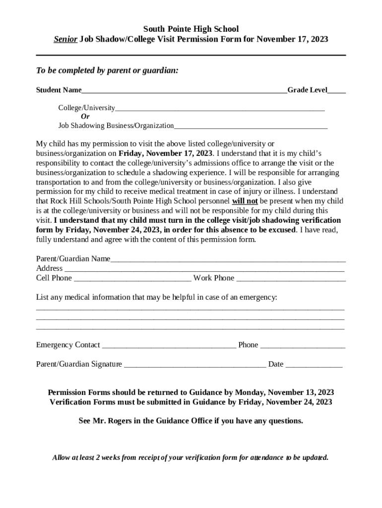 job shadow/college visit verification - Rock Hill Schools Doc Template ...