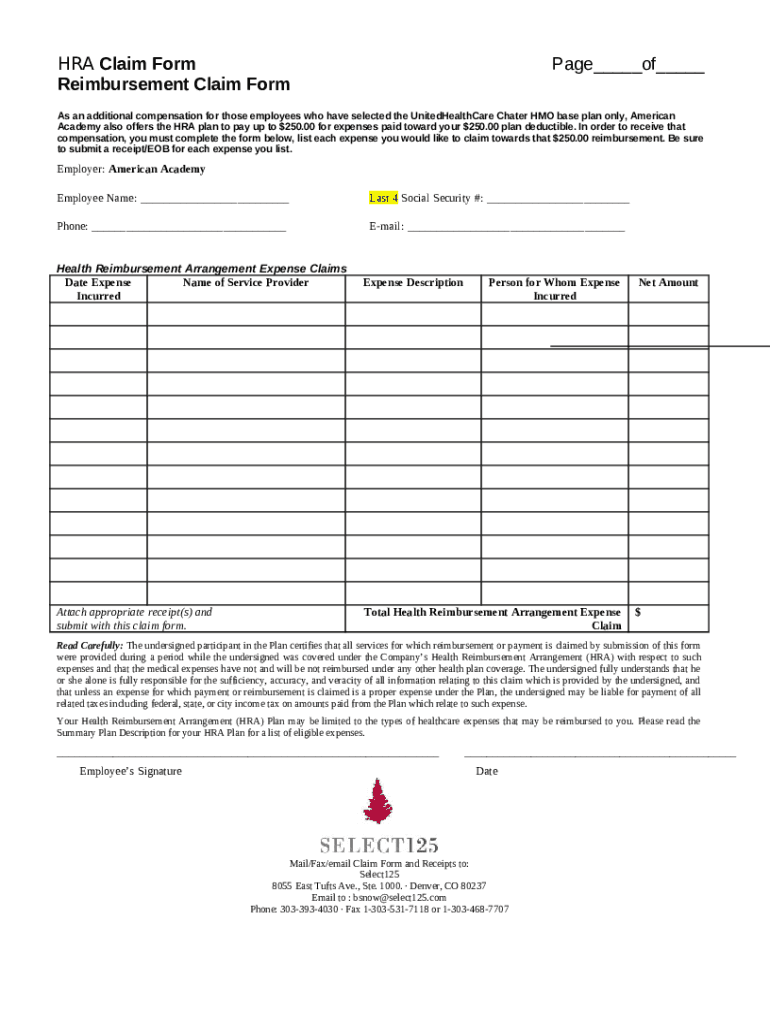 HRA Claim . Healthcare Reimbursement Arrangement Doc Template | pdfFiller