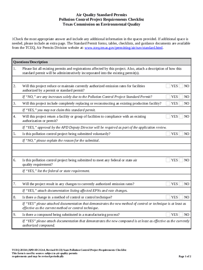 TCEQ 20334 - Air Quality Standard Permits Pollution Control Project ...