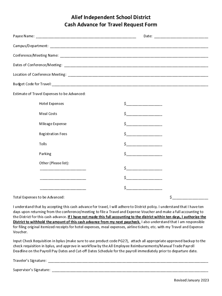Fillable Online Short Leave Form Cash Advance for Travel Request Form ...
