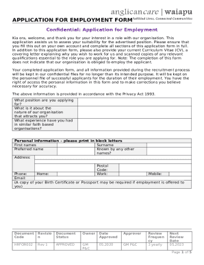 APPLICATION FOR EMPLOYMENT Confidential Doc Template | pdfFiller