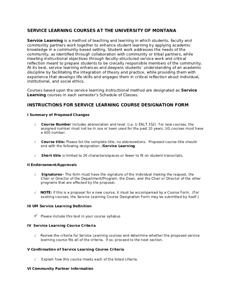 INSTRUCTIONS FOR SERVICE LEARNING COURSE DESIGNATION Doc Template ...