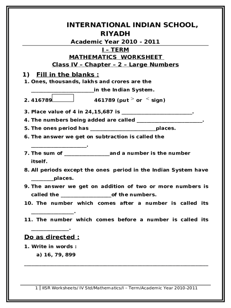 Worksheet on Indian Numbering System Doc Template | pdfFiller