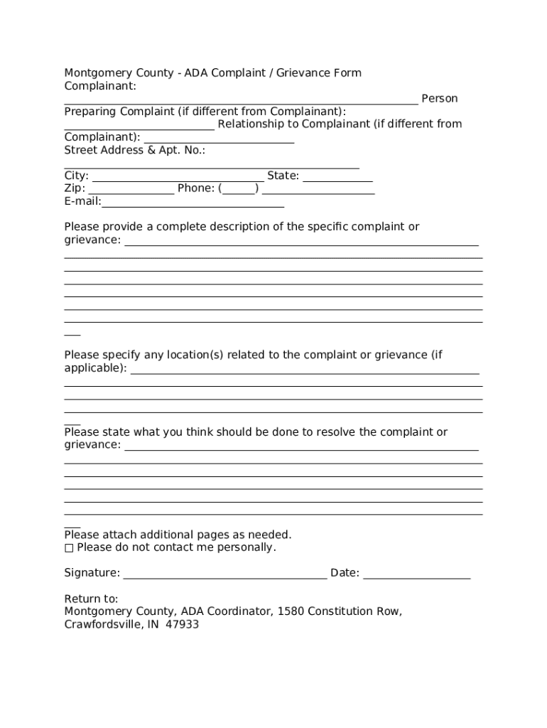 ADA Complaint / Grievance - Montgomery County, Indiana Doc Template ...