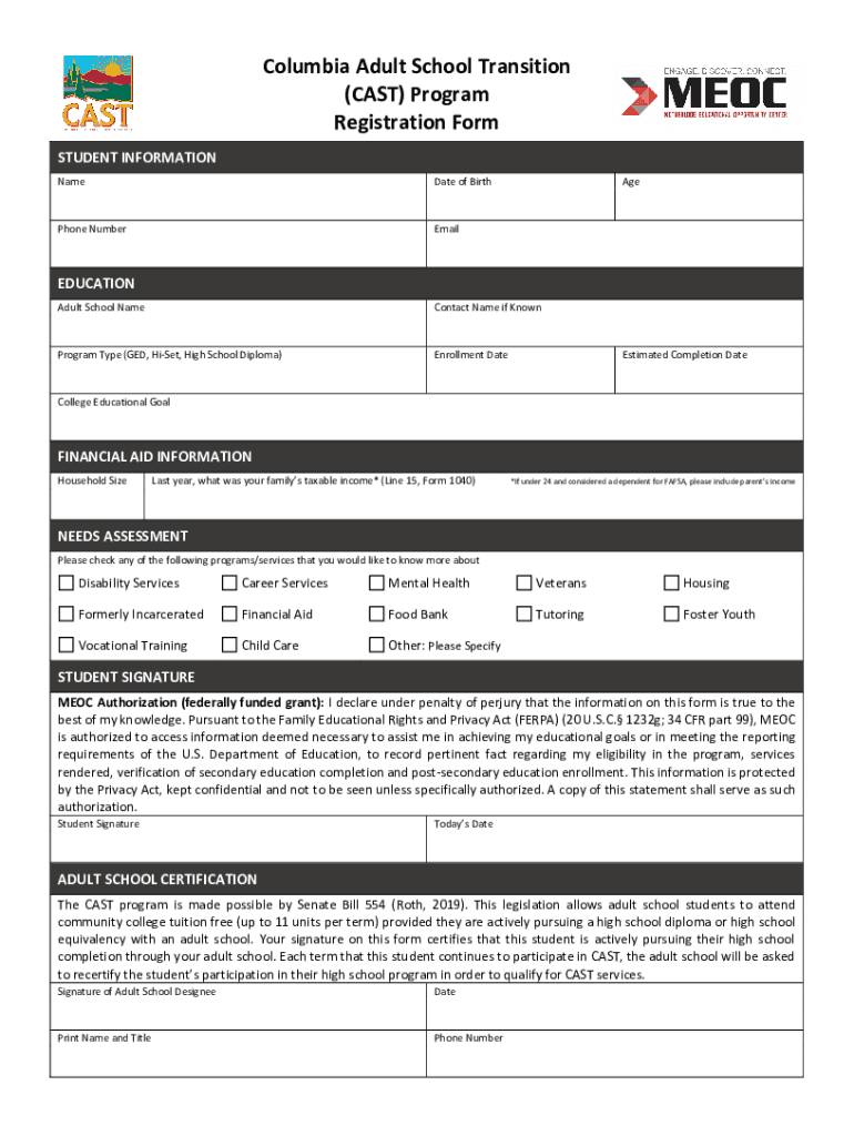 Fillable Online Columbia Adult School Transition (CAST) Program ...