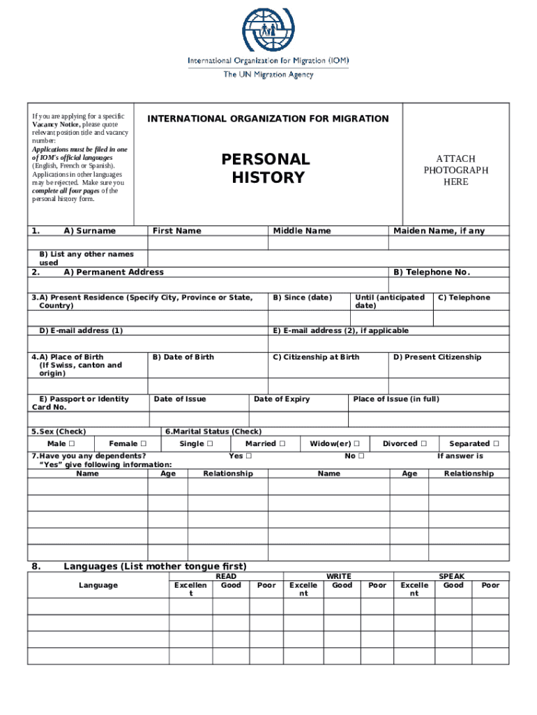 Iom personal history : Fill out & sign online Doc Template | pdfFiller